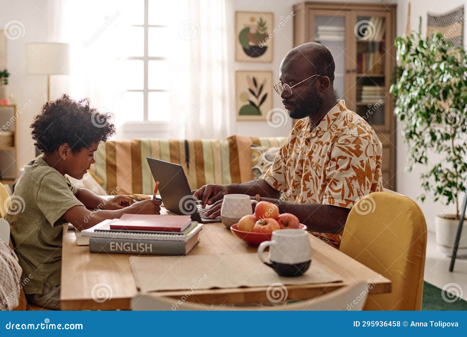 Father Working from Home with Son Stock Photo - Image of father ...