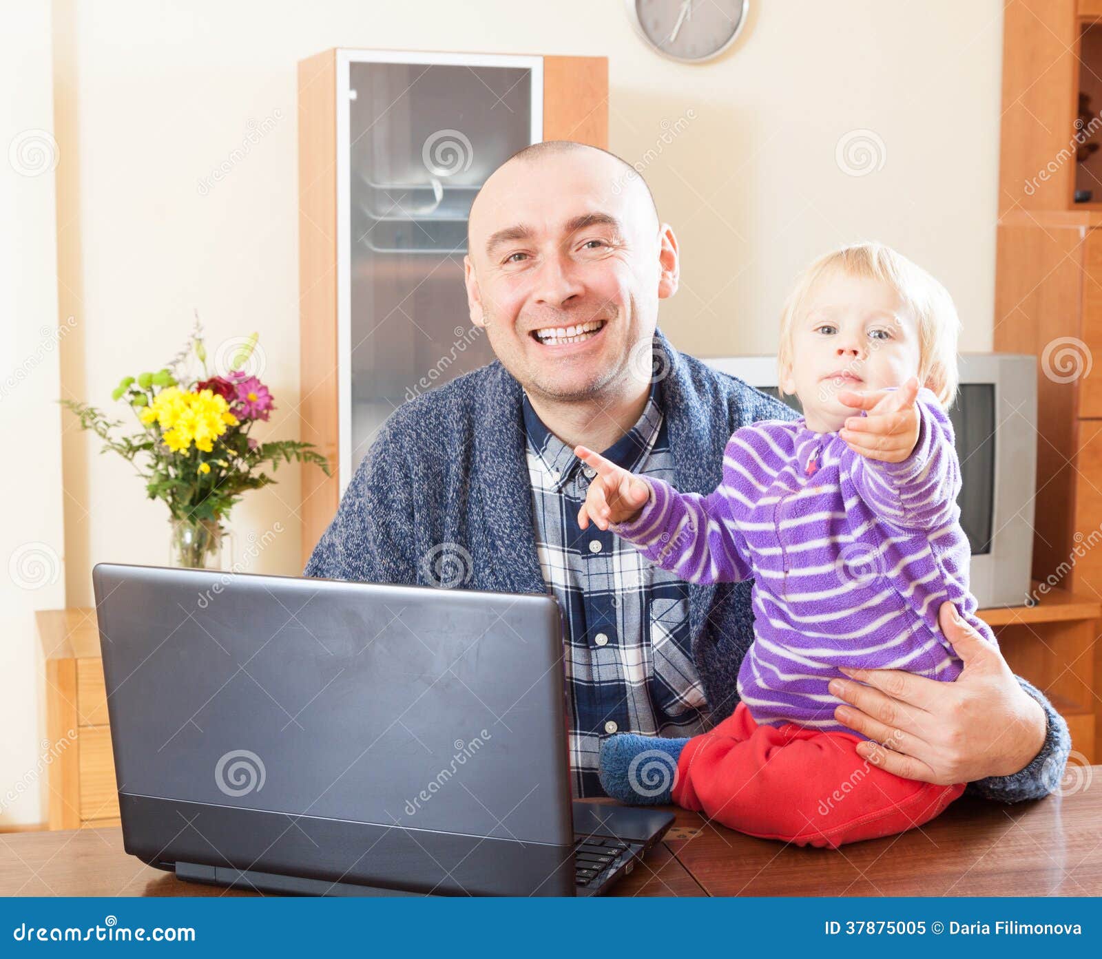 Father Works at a Computer with Daughter Stock Image - Image of ...
