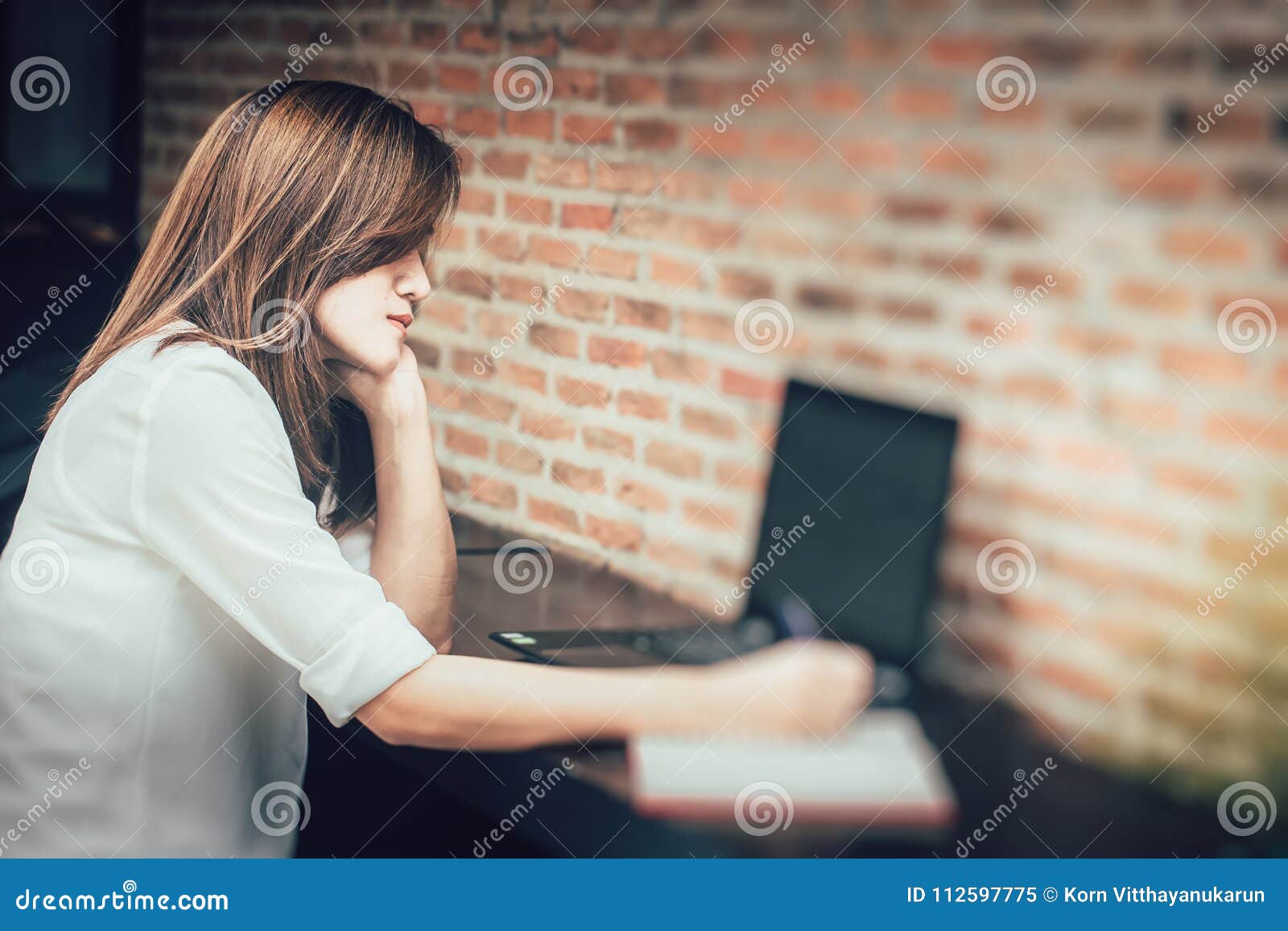 Fatigue Women Thinking Alone while Working Stock Image - Image of ...
