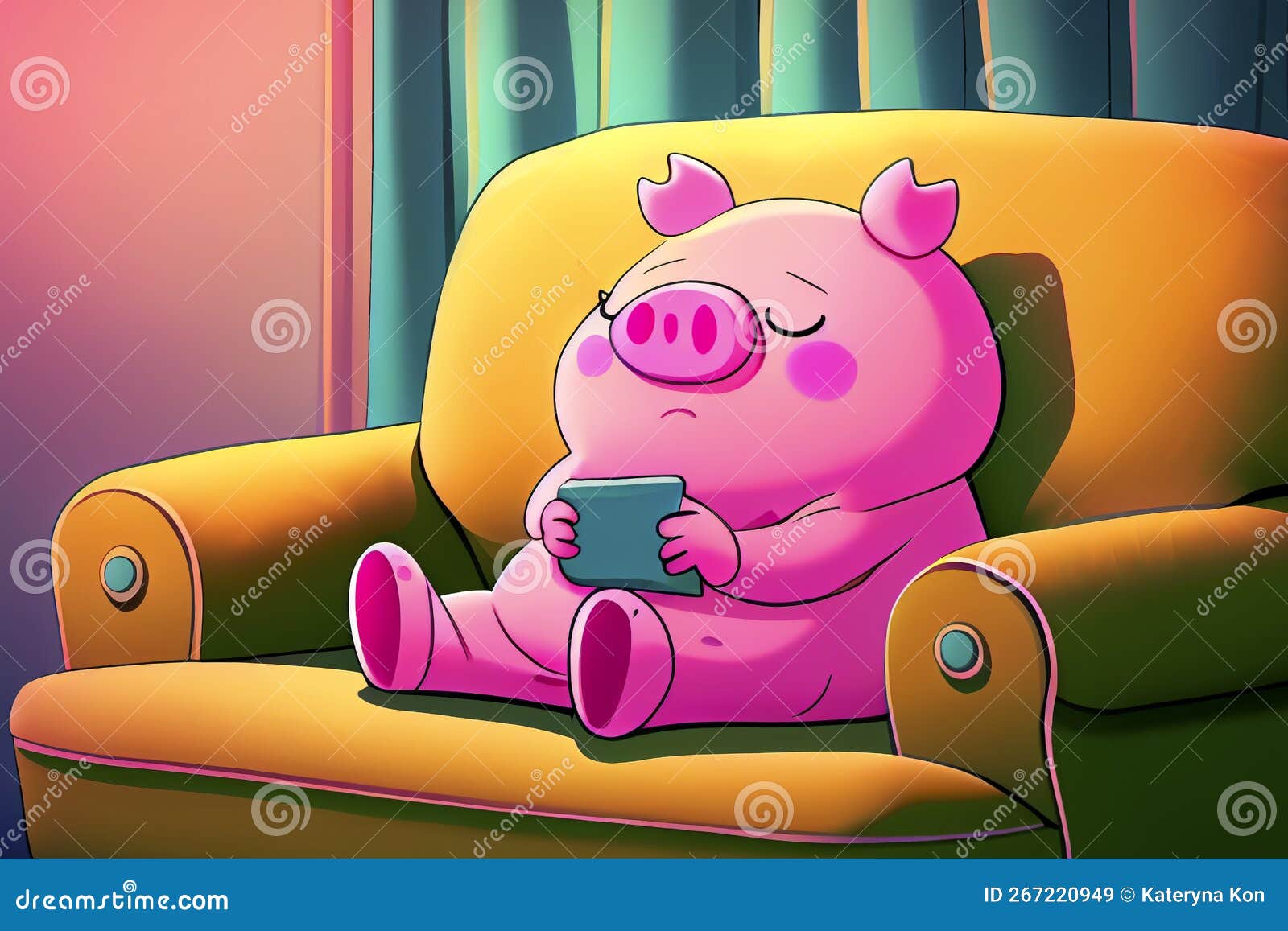 Fatty Pig in Pyjama Lying on Sofa with Smartphone, Conceptual Ai ...