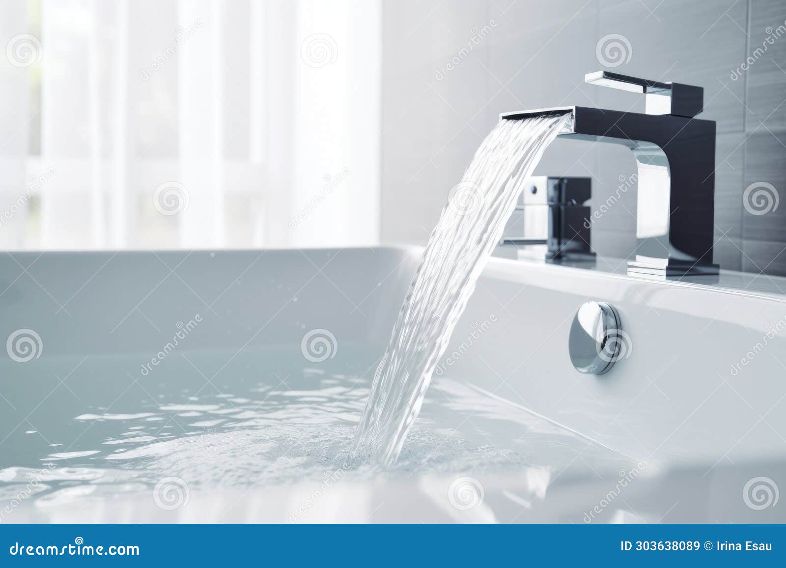 Faucet With Clear Flowing Water Into A White Bathtub Modern Bathroom