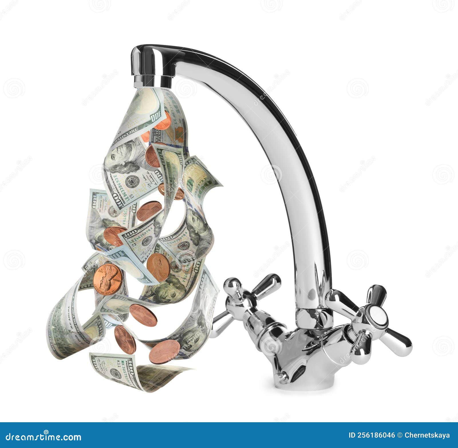 Faucet and Dollar Banknotes with Cent Coins on White Background Stock ...