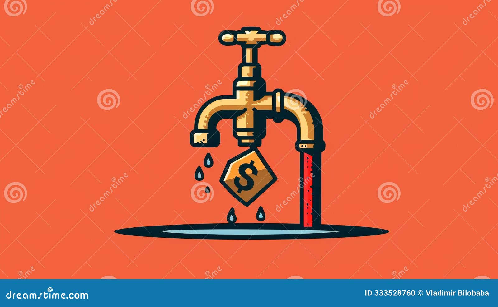 Faucet Dripping Coins into a Pool on a Bright Orange Background Stock ...