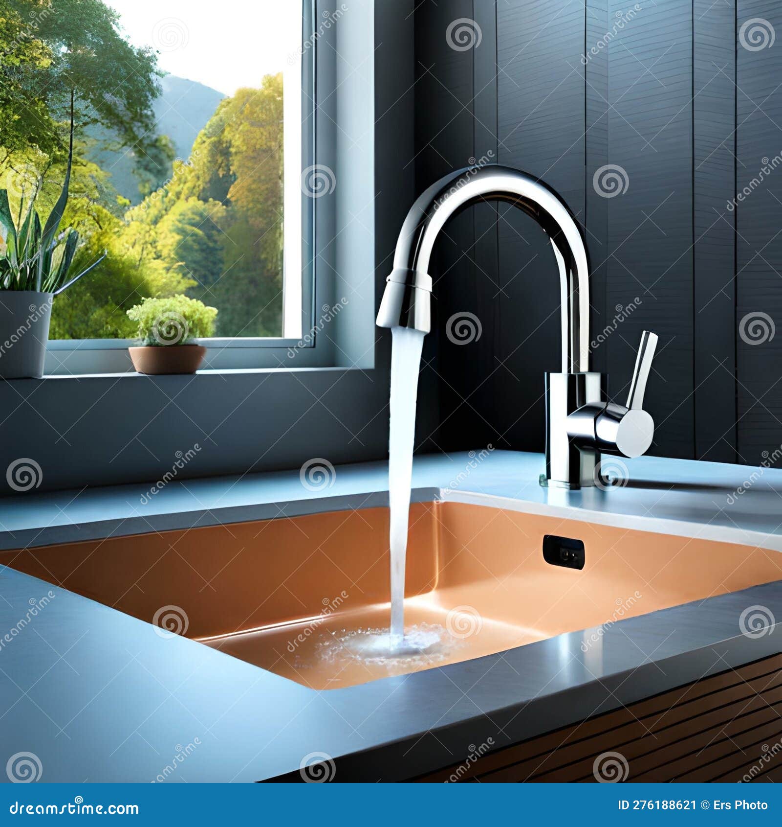 Faucet Running Water In Sink Indoors With Few Home Appliance And Indoor