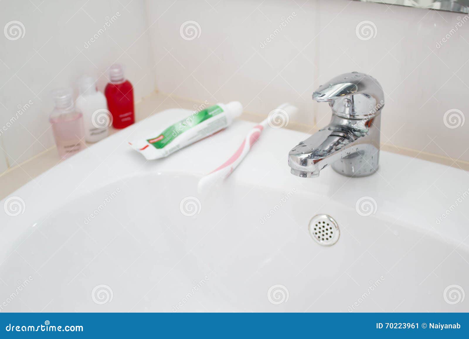 Faucet, Toothpaste, Toothbrush and Bath Accessories Stock Image - Image ...