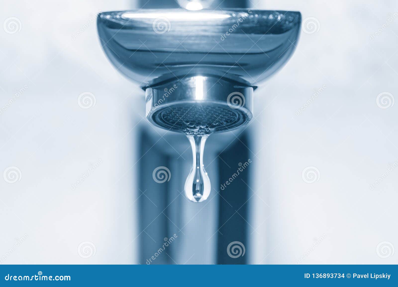 Faucet and Water Drop Close Up on Blue Background Stock Photo - Image ...
