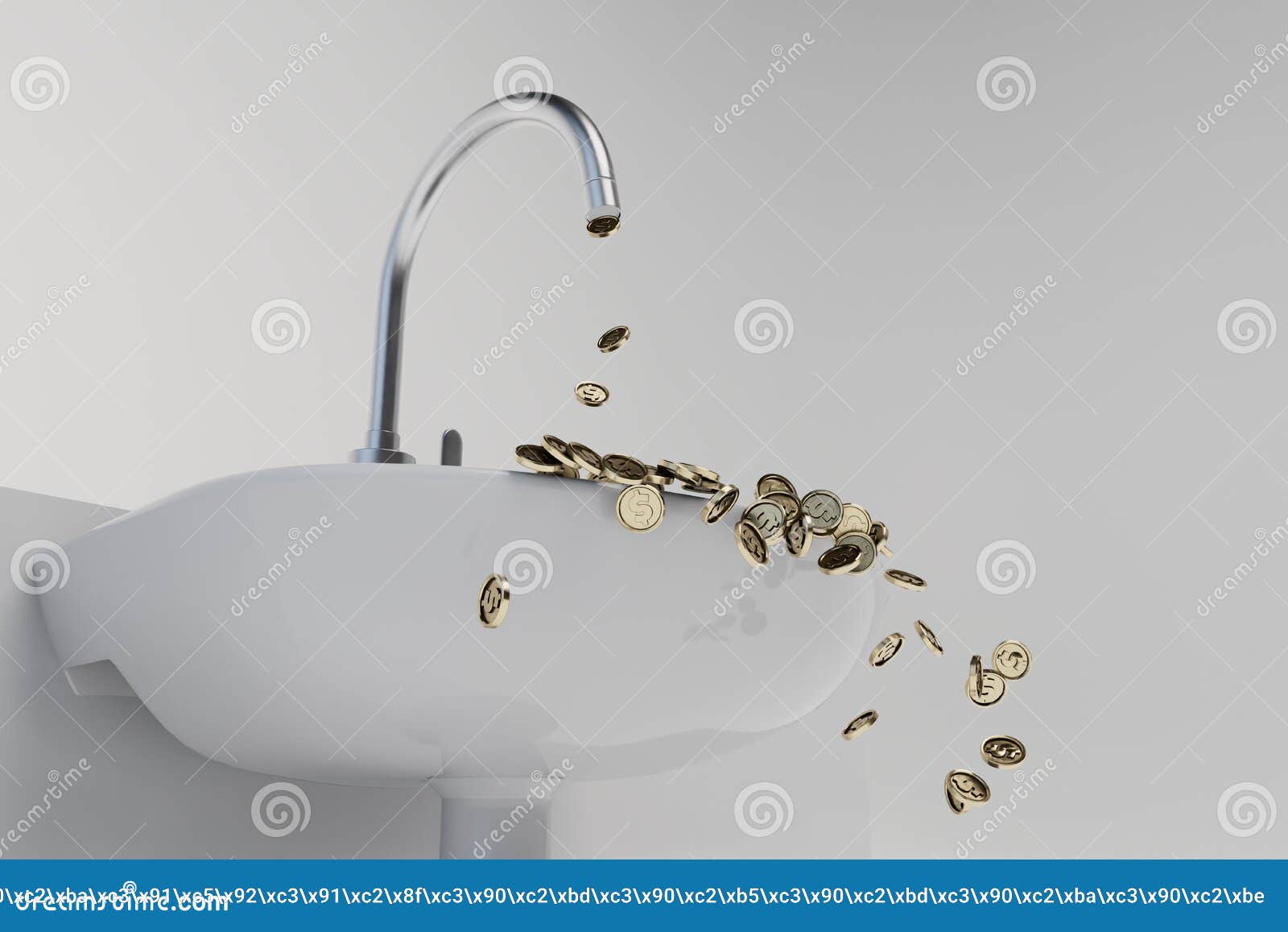 A Faucet from Which Gold Dollar Coins Fall into the Washbasin. 3d ...