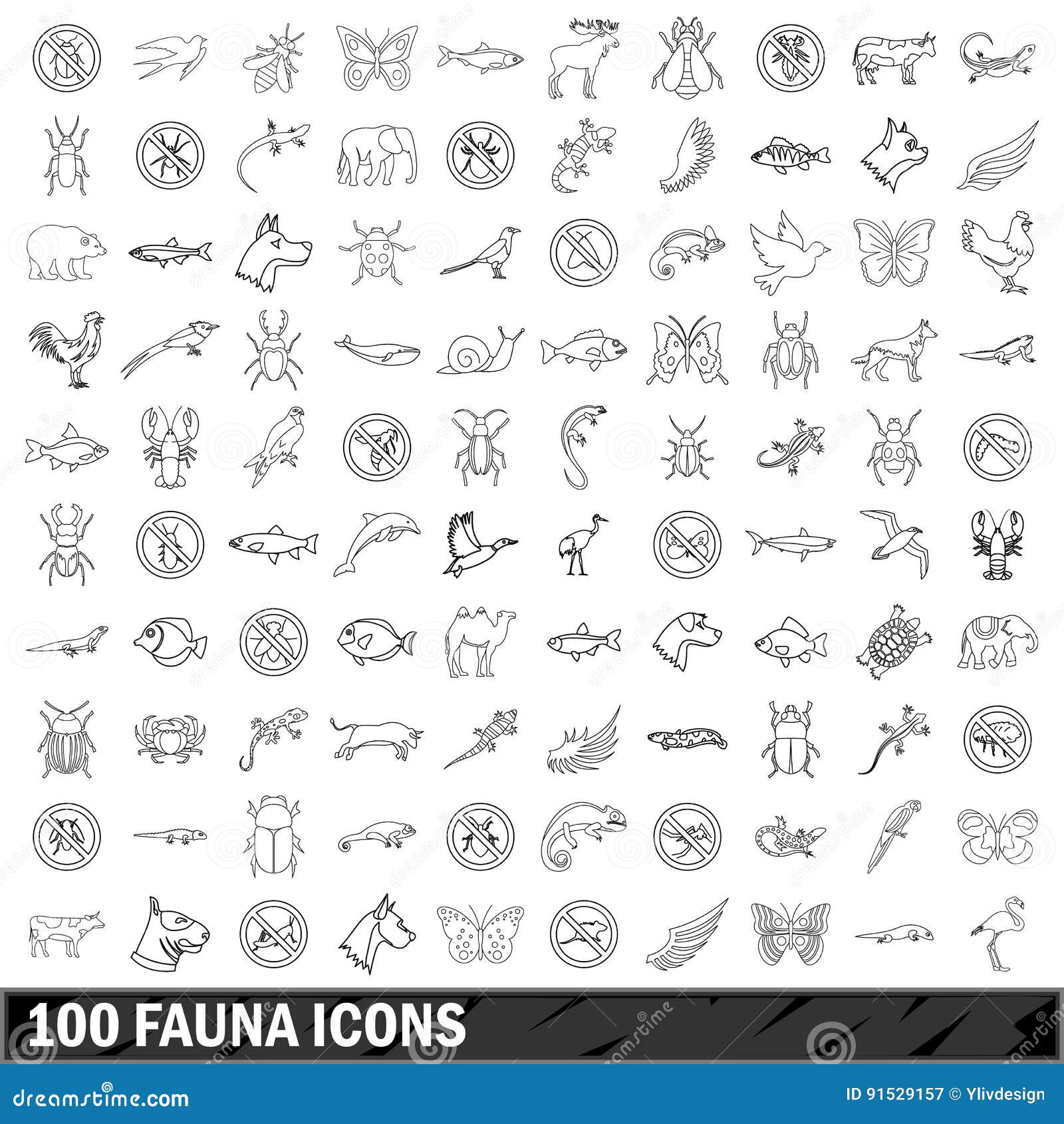 100 Fauna Icons Set, Outline Style Stock Vector - Illustration of ...