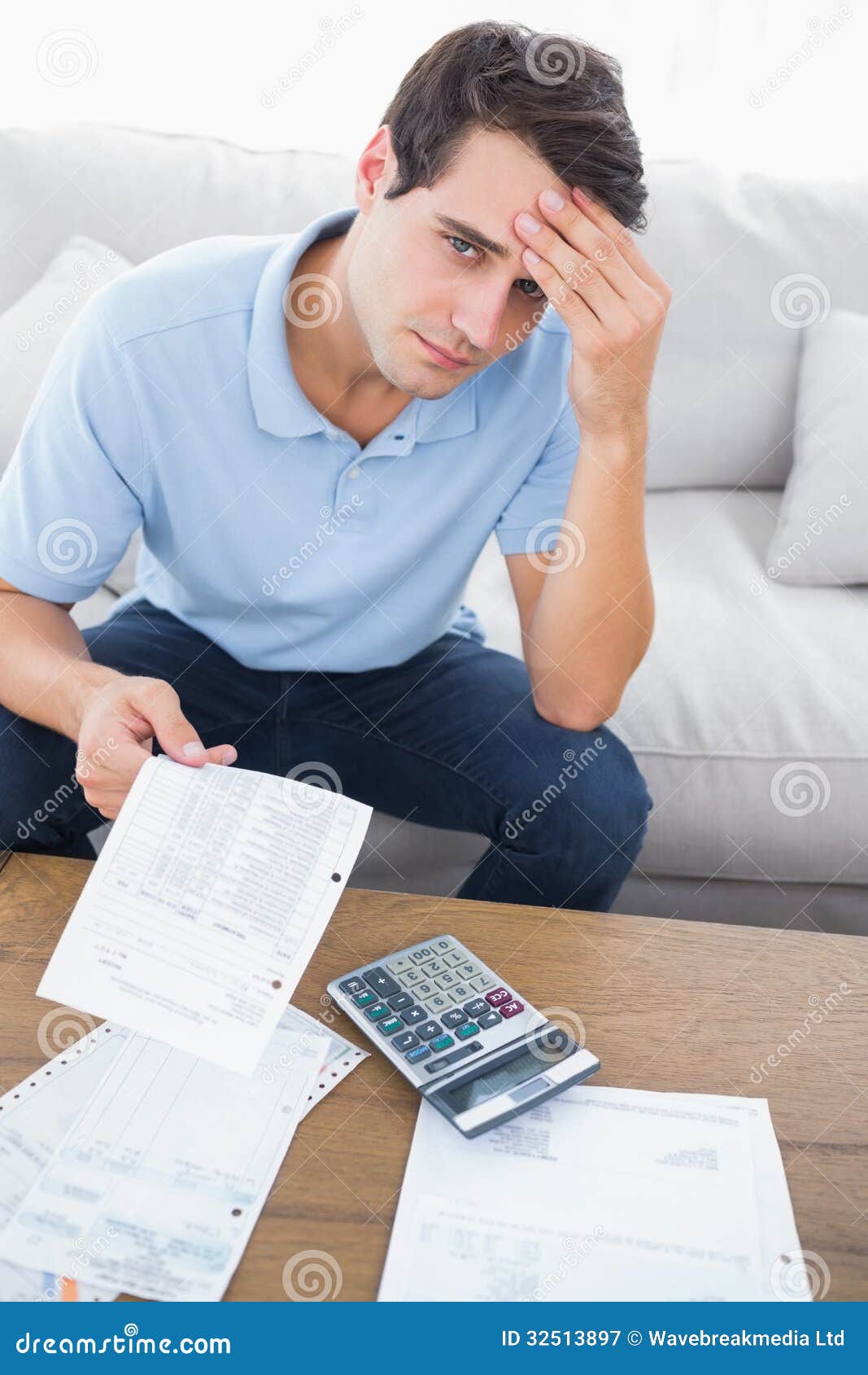 Fearful Man Doing His Accounts with a Calculator Stock Image - Image of ...