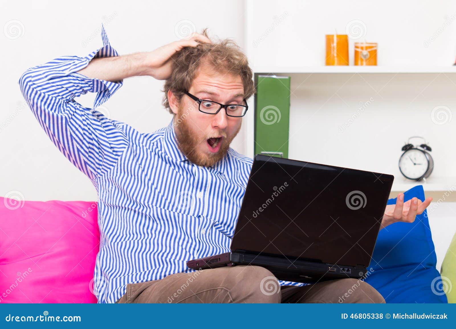 Fearful Man Looking at Computer Stock Photo - Image of news, horizontal ...