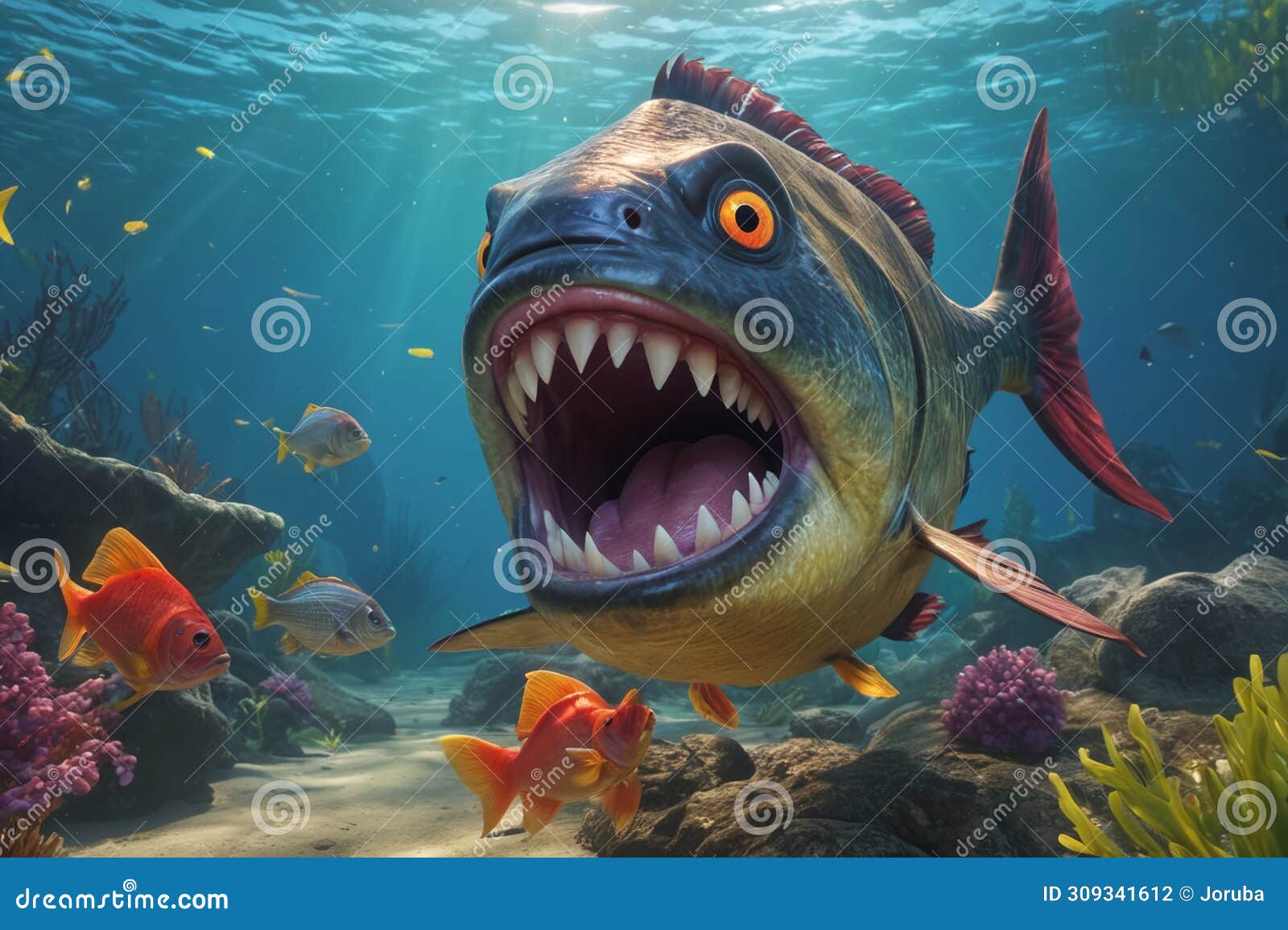 Fearful Piranha With Teeth And Open Mouth In Water Stock Photography ...