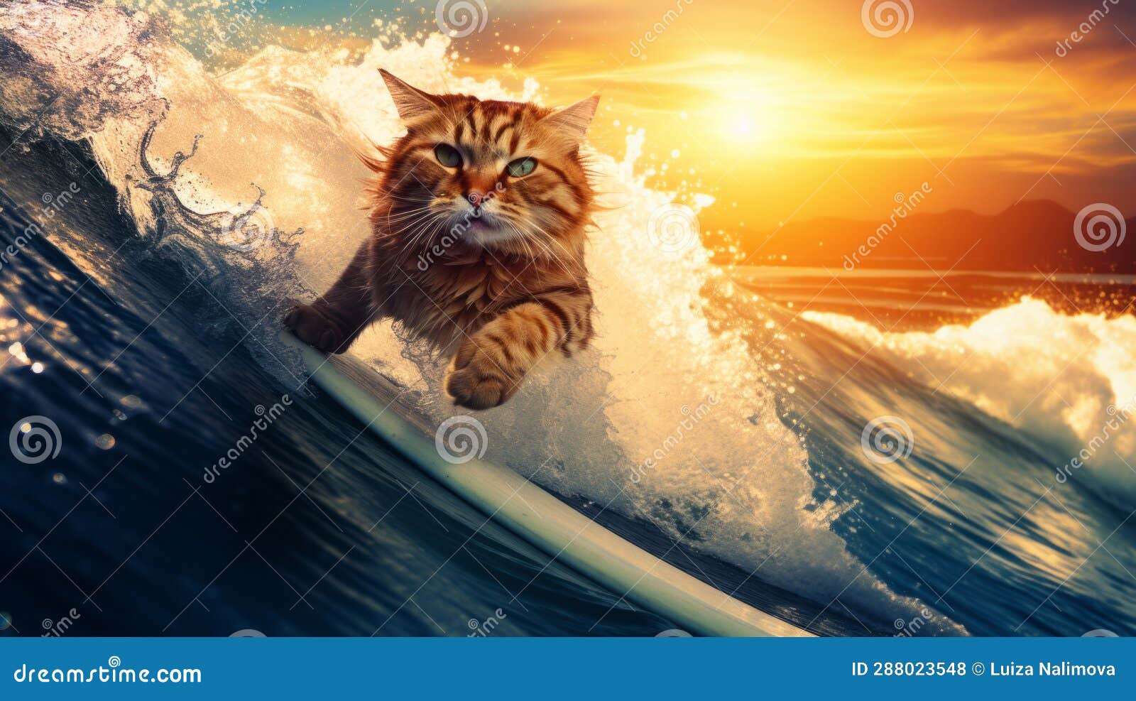 Fearless Striped Cat Surfer on a Board on a Wave in the Ocean. Place ...
