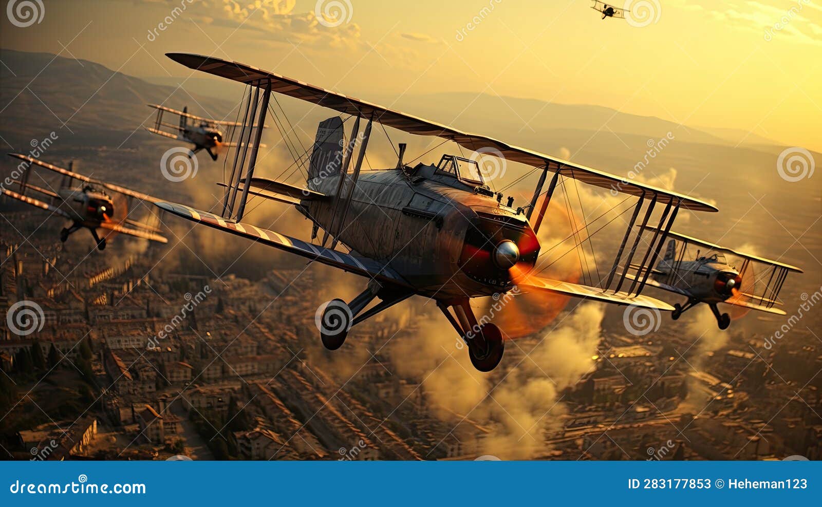 Vintage Photo of War Squadron Fighter Planes Flying in the Sky with ...