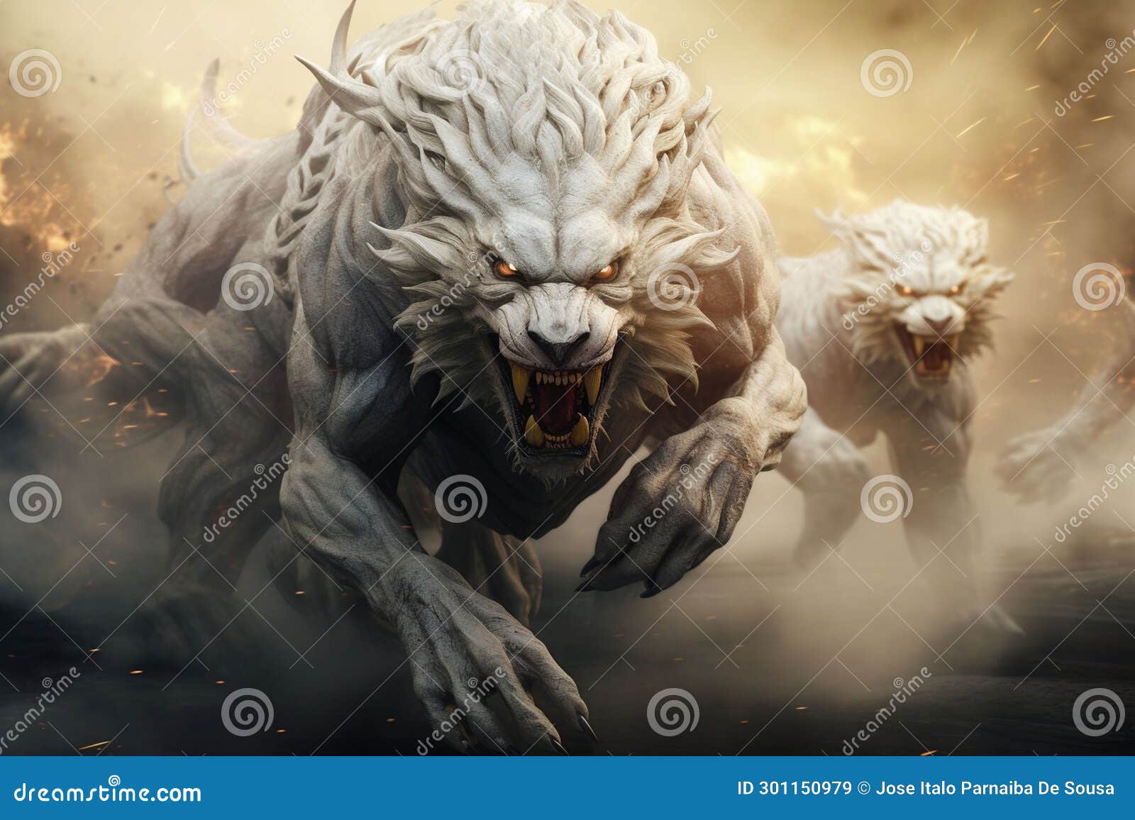 Fearsome Chimera With Multiple Heads Prowling A Stock Image ...