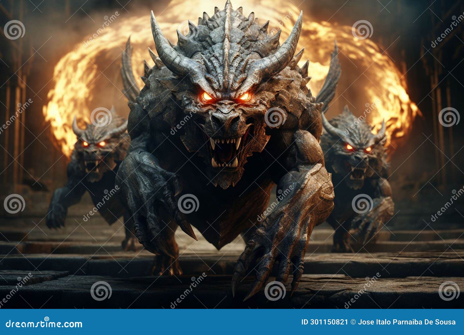 Fearsome Chimera With Multiple Heads Prowling A Stock Image ...
