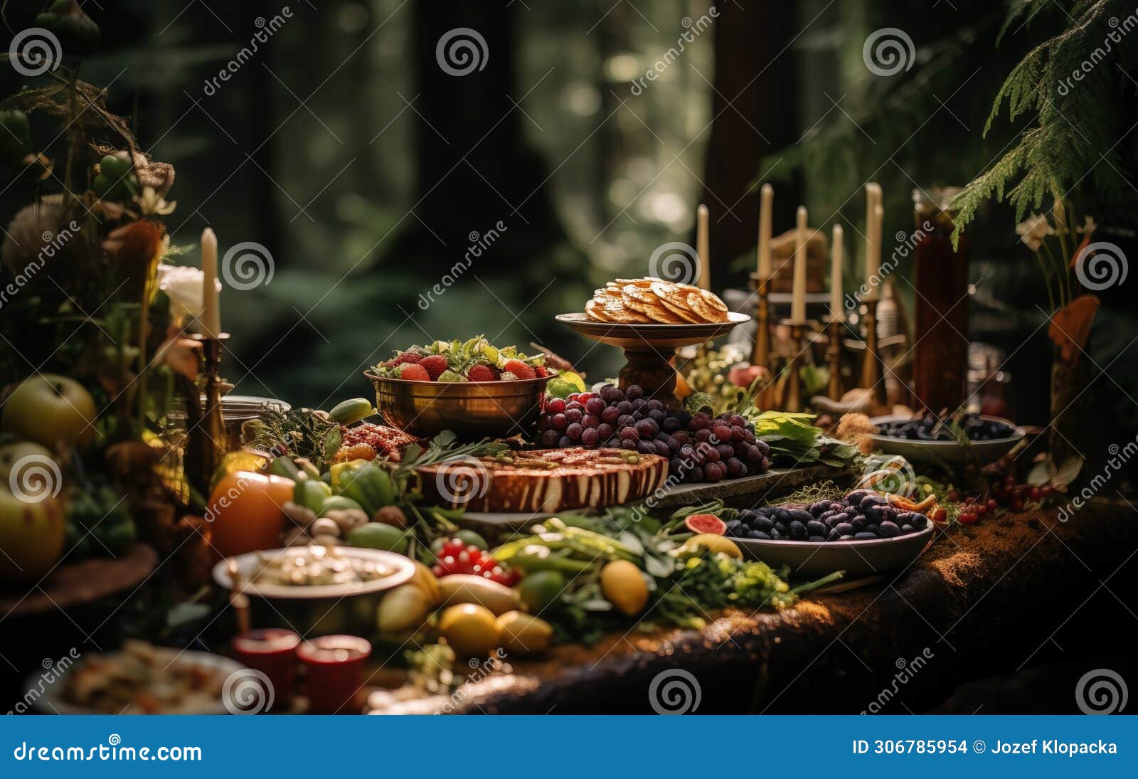 Feast in the Forest, Tables Full of Food at a Forest Feast. Stock ...