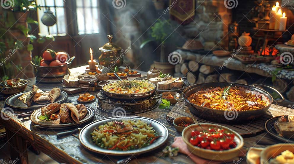 Feasting in a Rustic Setting, a Table Filled with Delicious Dishes ...