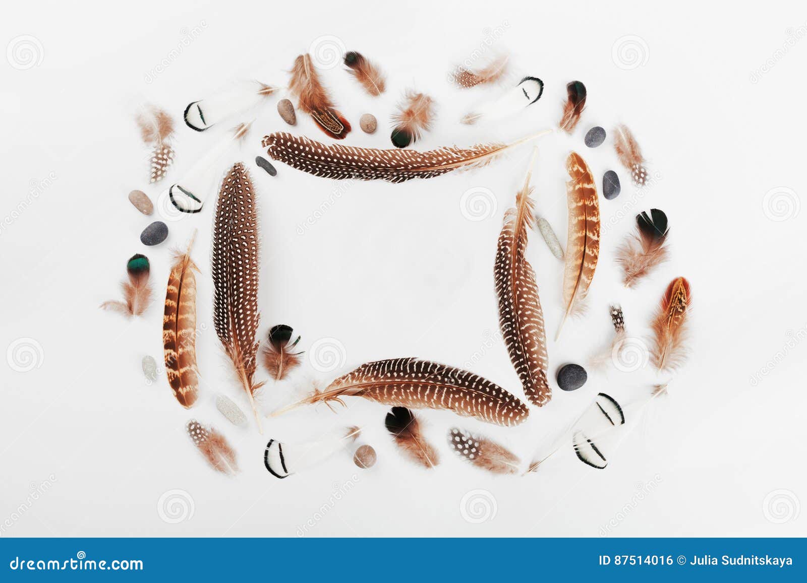 Feather Frame on White Background Top View in Flat Lay Style for Boho ...