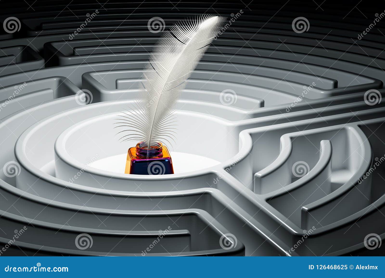 Feather and Ink Bottle Inside Labyrinth Maze. 3D Rendering Stock ...
