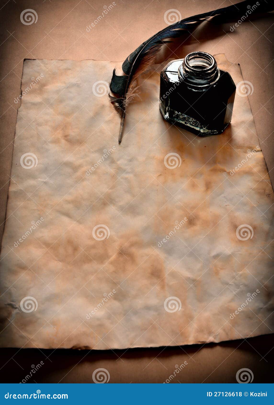 Feather and Ink Bottle with Old Paper Stock Photo - Image of brown ...