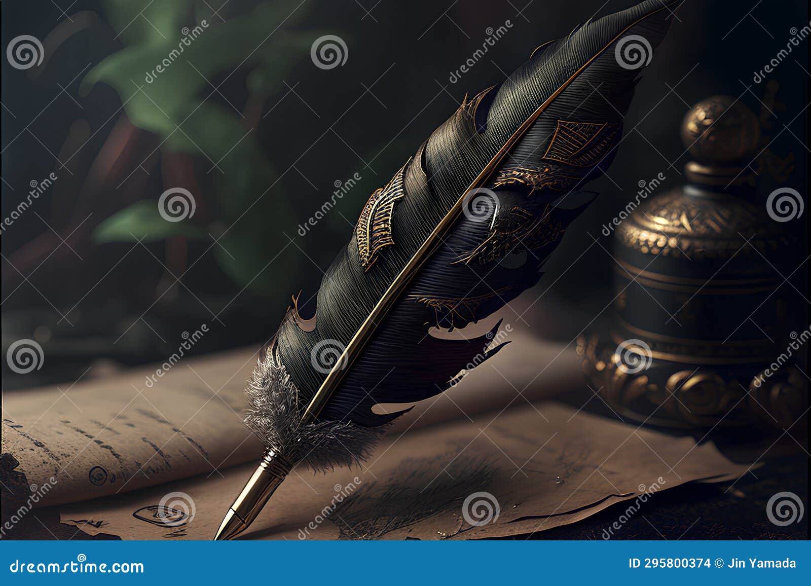 Feather and Inkwell on a Dark Background. Retro Style Stock ...