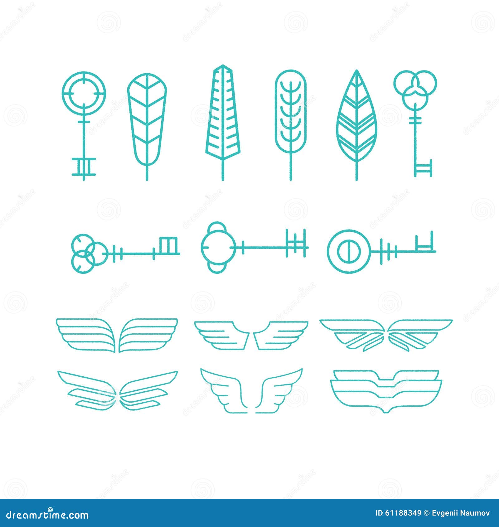 Feather, Key and Wing Set in Linear Style, Vector Stock Vector ...