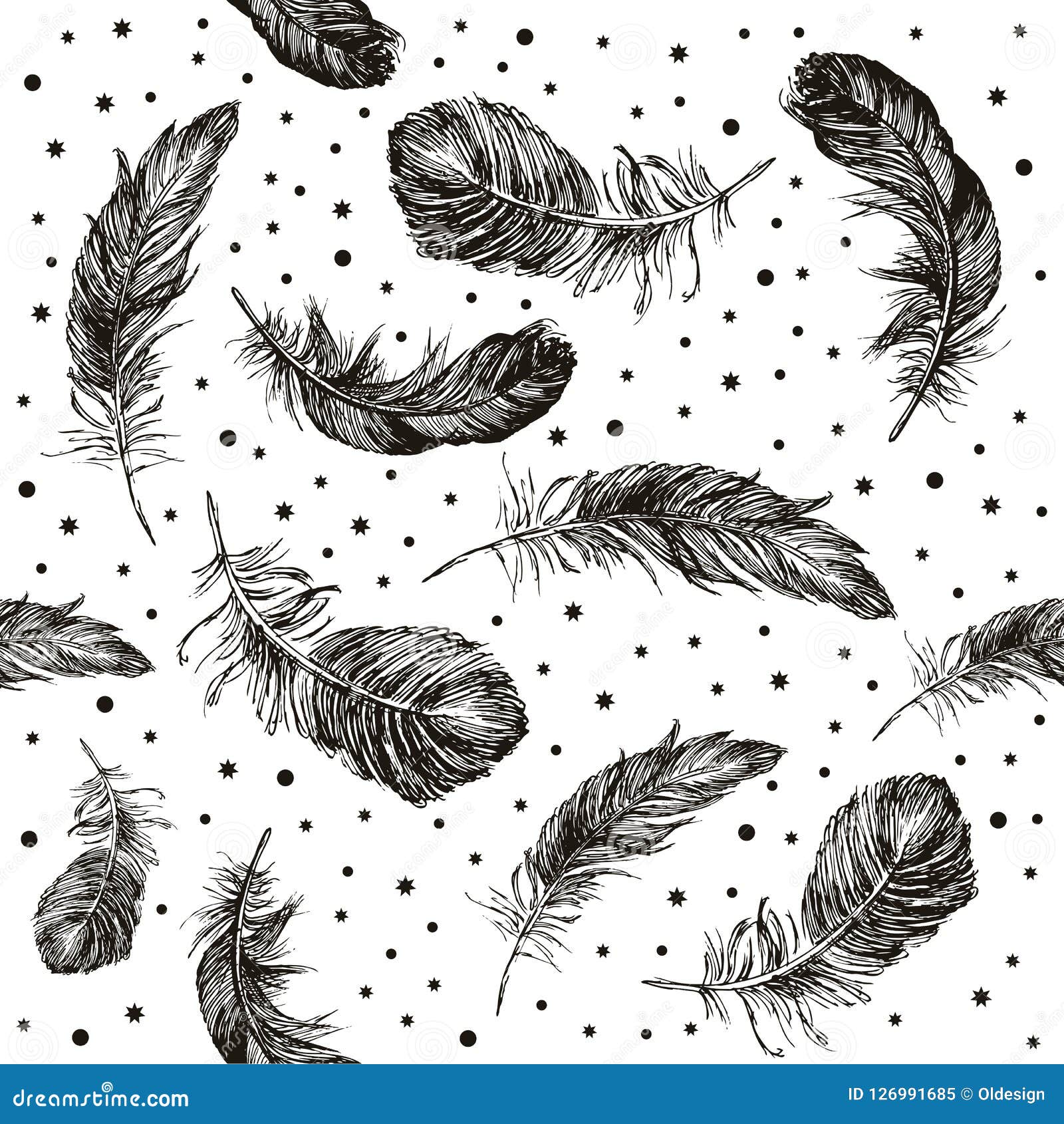 Feather Pattern Hand Drawn Style. Hand Drawn Vintage Vector Design Set ...