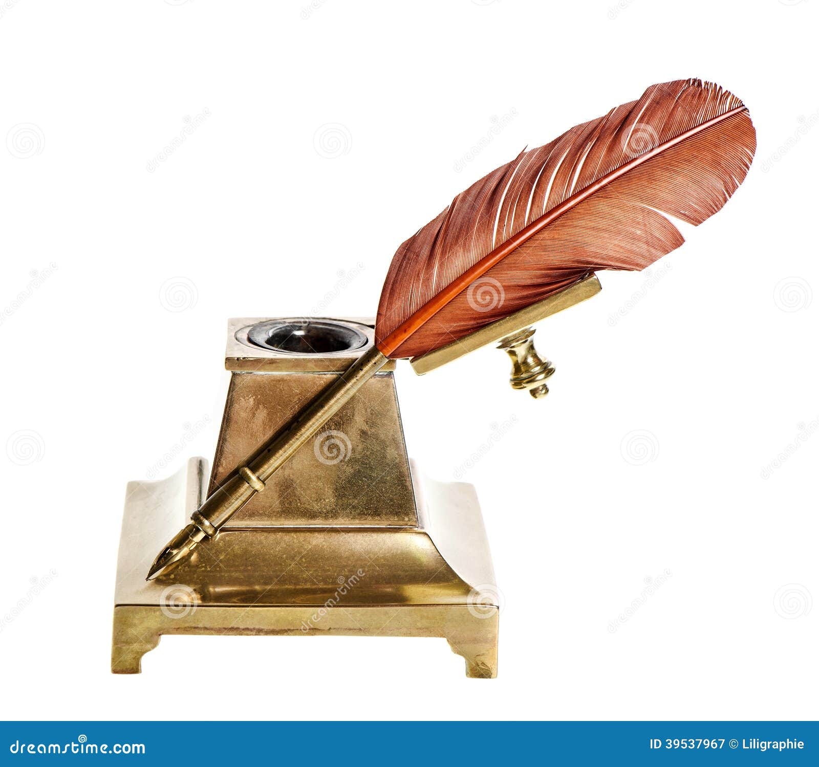 Feather Pen with Antique Inkwell Isolated on White Stock Image - Image ...
