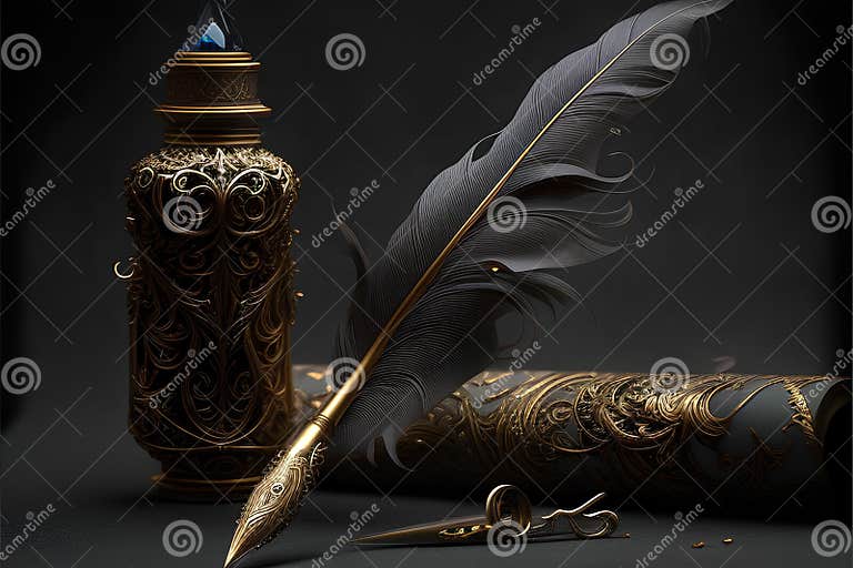 Feather Pen and Inkwell on a Black Background. 3d Rendering Stock ...