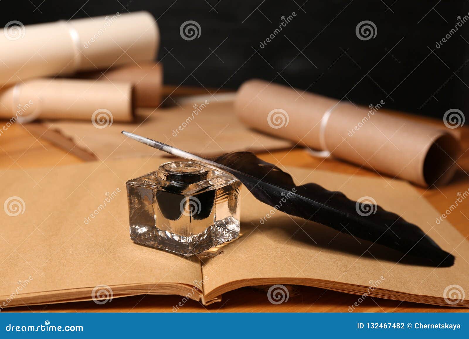 Feather Pen, Inkwell and Open Notebook Stock Photo - Image of education ...