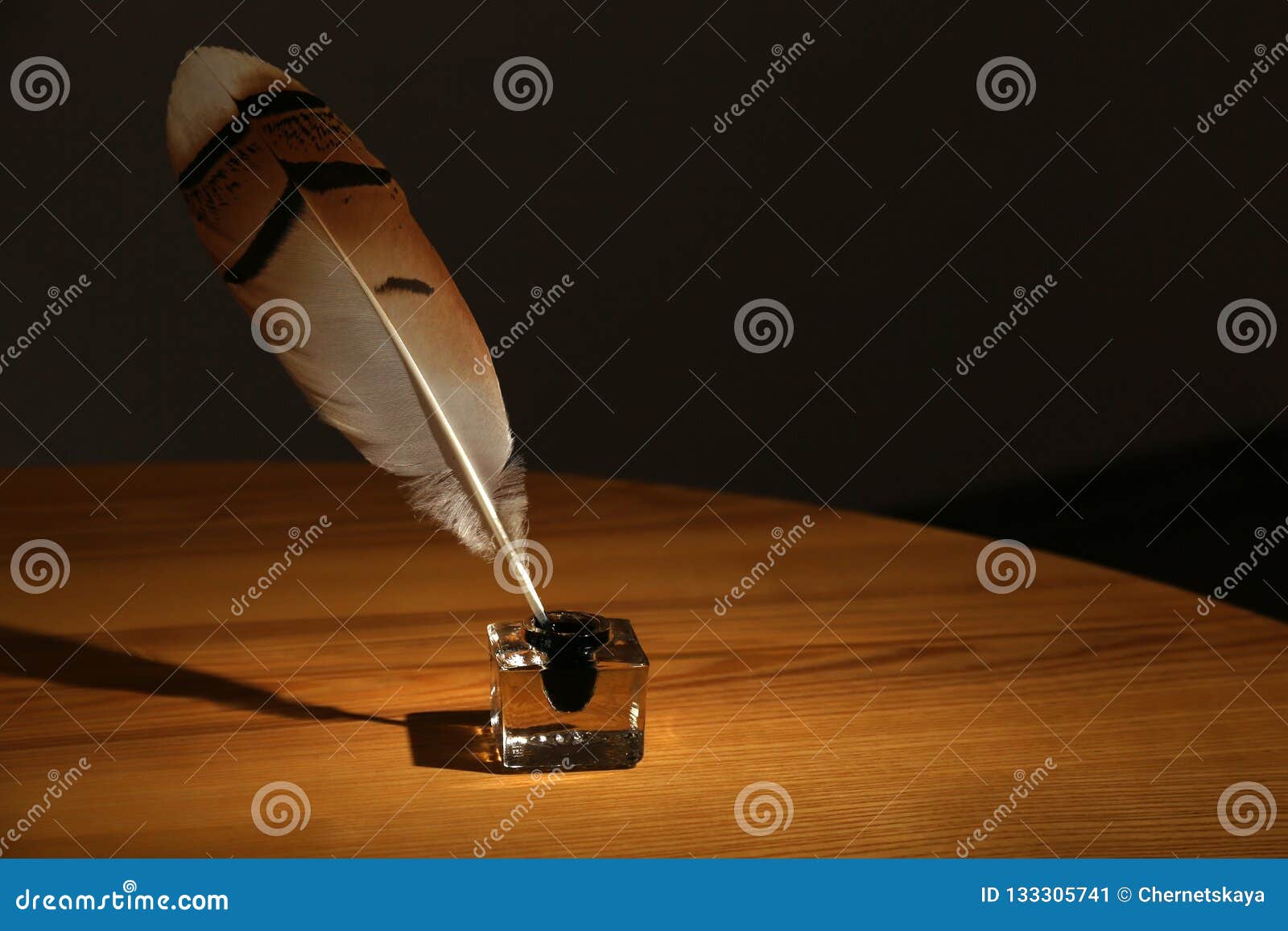 Feather Pen and Inkwell on Wooden Table in Darkness. Stock Image ...