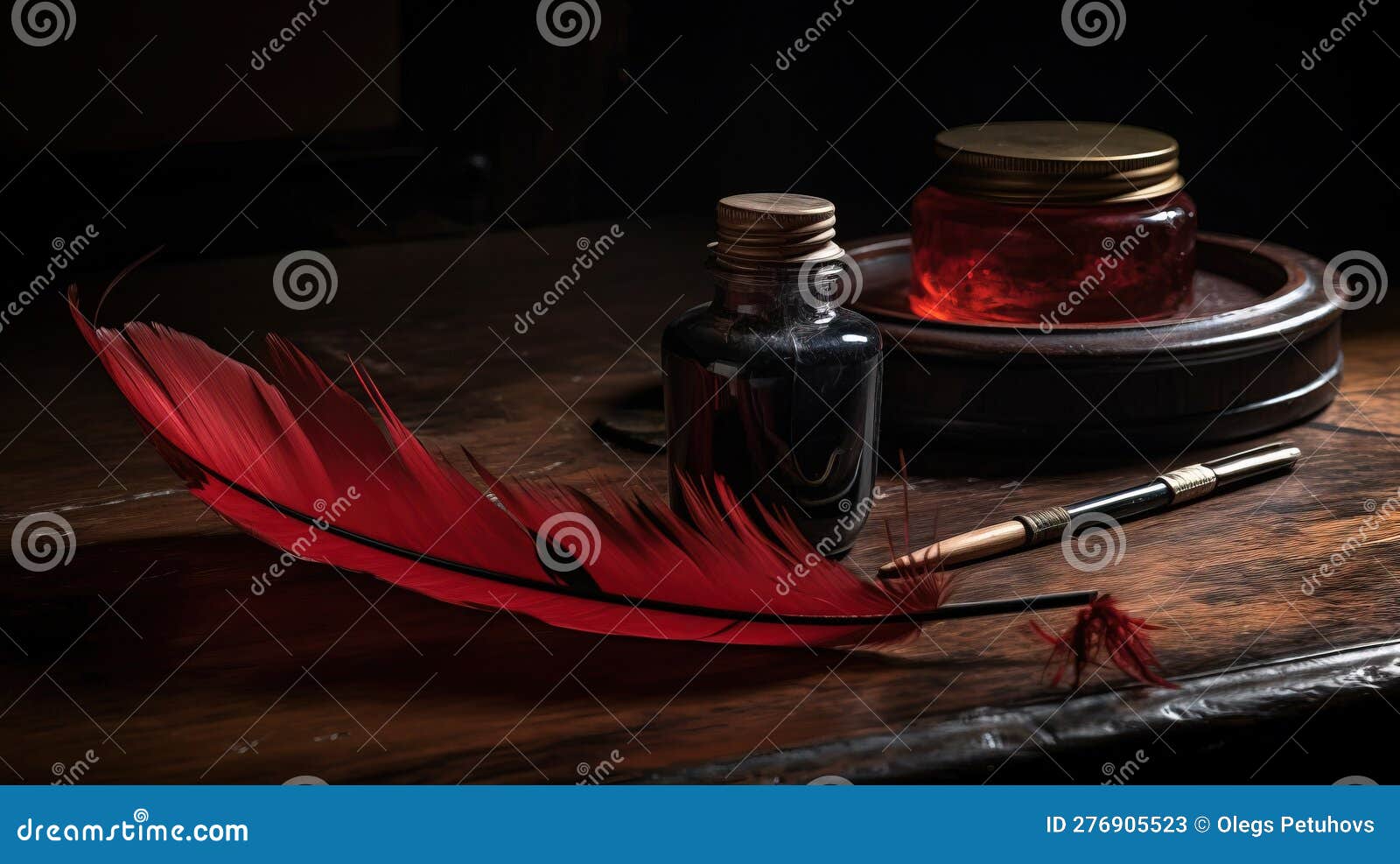 A Feather Quill and a Bottle of Ink on a Table Stock Illustration ...