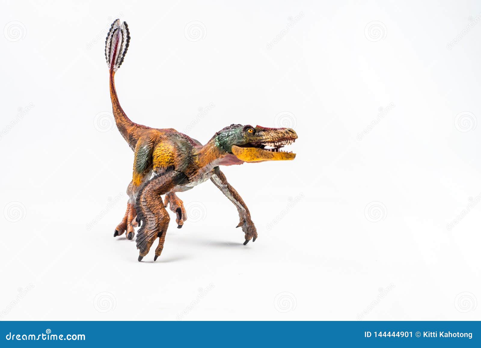 Feathered Velociraptor With Open Mouth In Jurassic Land With Volcano In ...