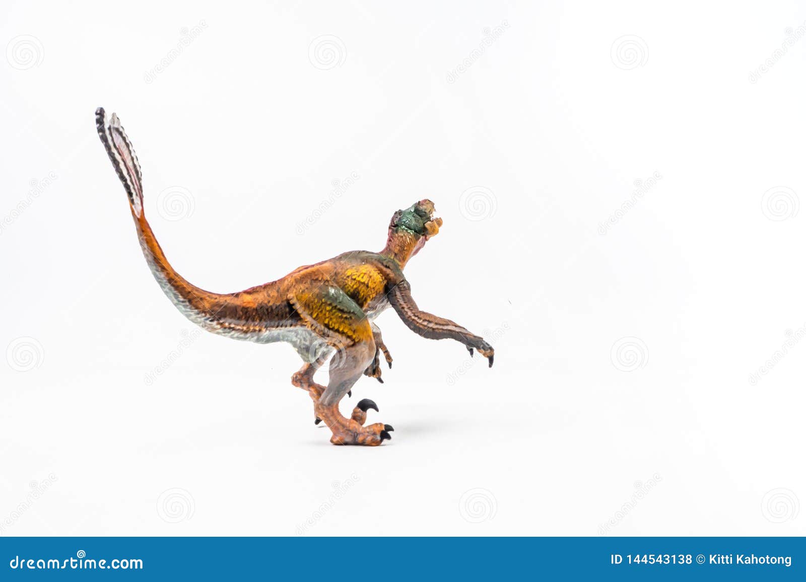Feathered Velociraptor With Open Mouth In Jurassic Land With Volcano In ...