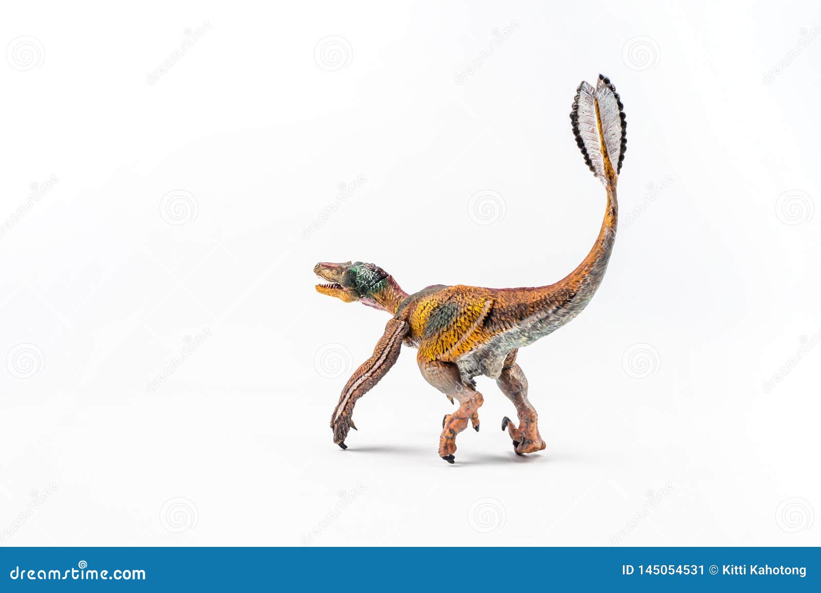 Feathered Velociraptor With Open Mouth In Jurassic Land With Volcano In ...
