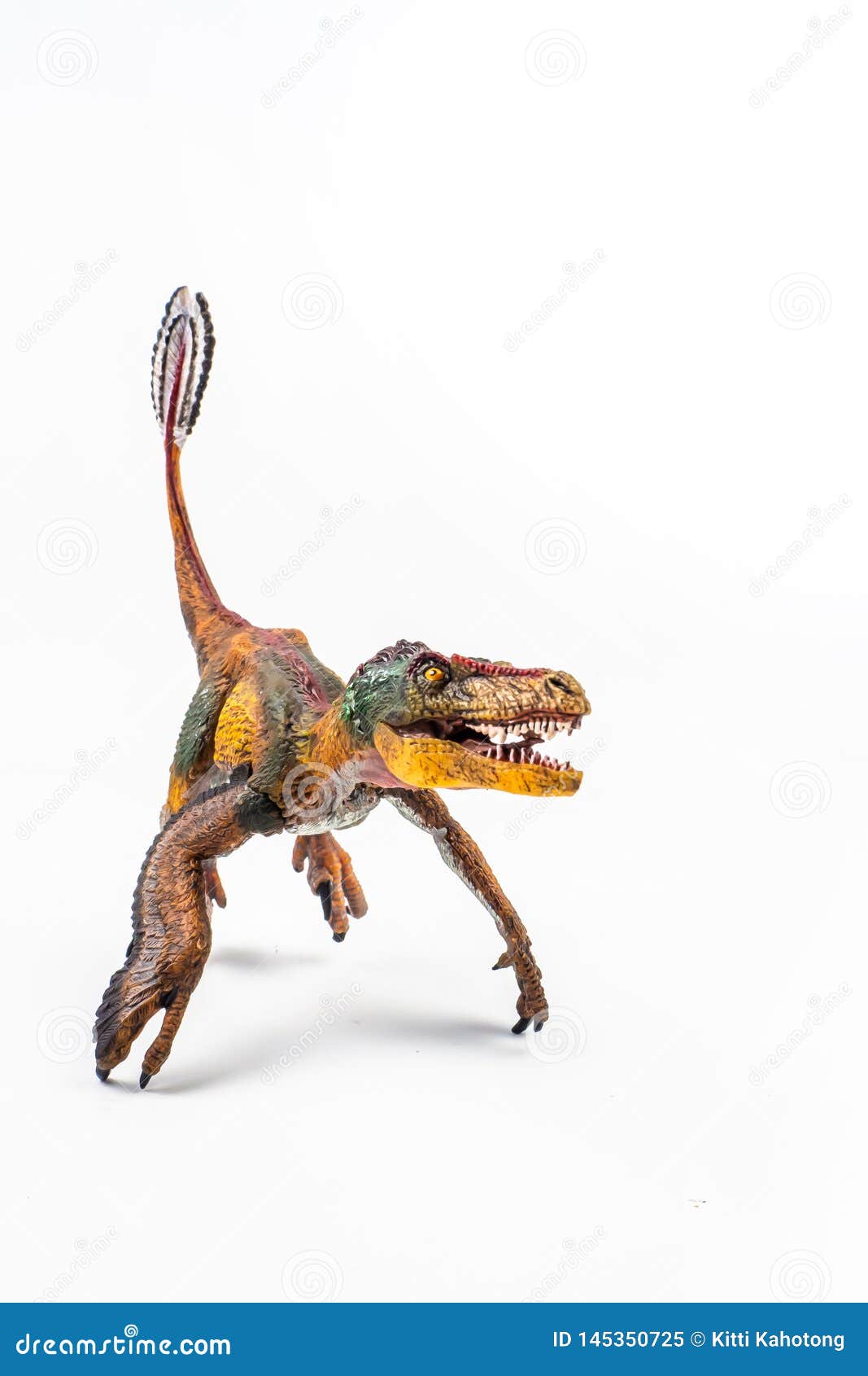Feathered Velociraptor With Open Mouth In Jurassic Land With Volcano In ...