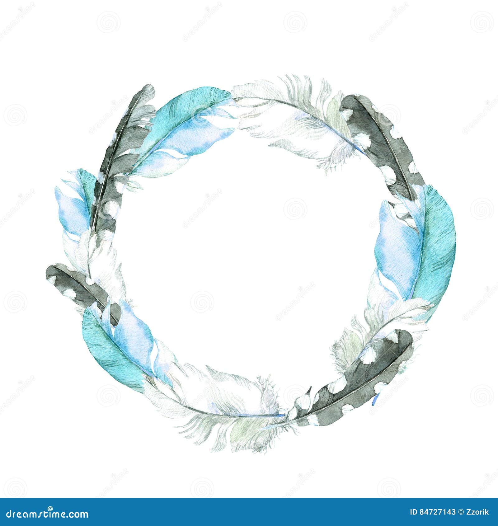 Feathers of Blue Bird. Wreath Border. Watercolor Stock Illustration ...