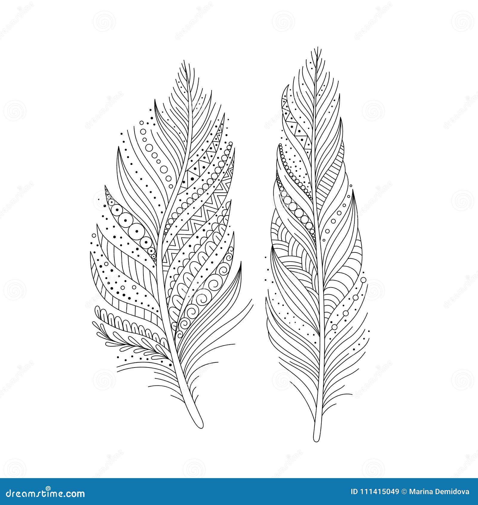 Feathers in Boho Style Black and White Stock Vector - Illustration of ...