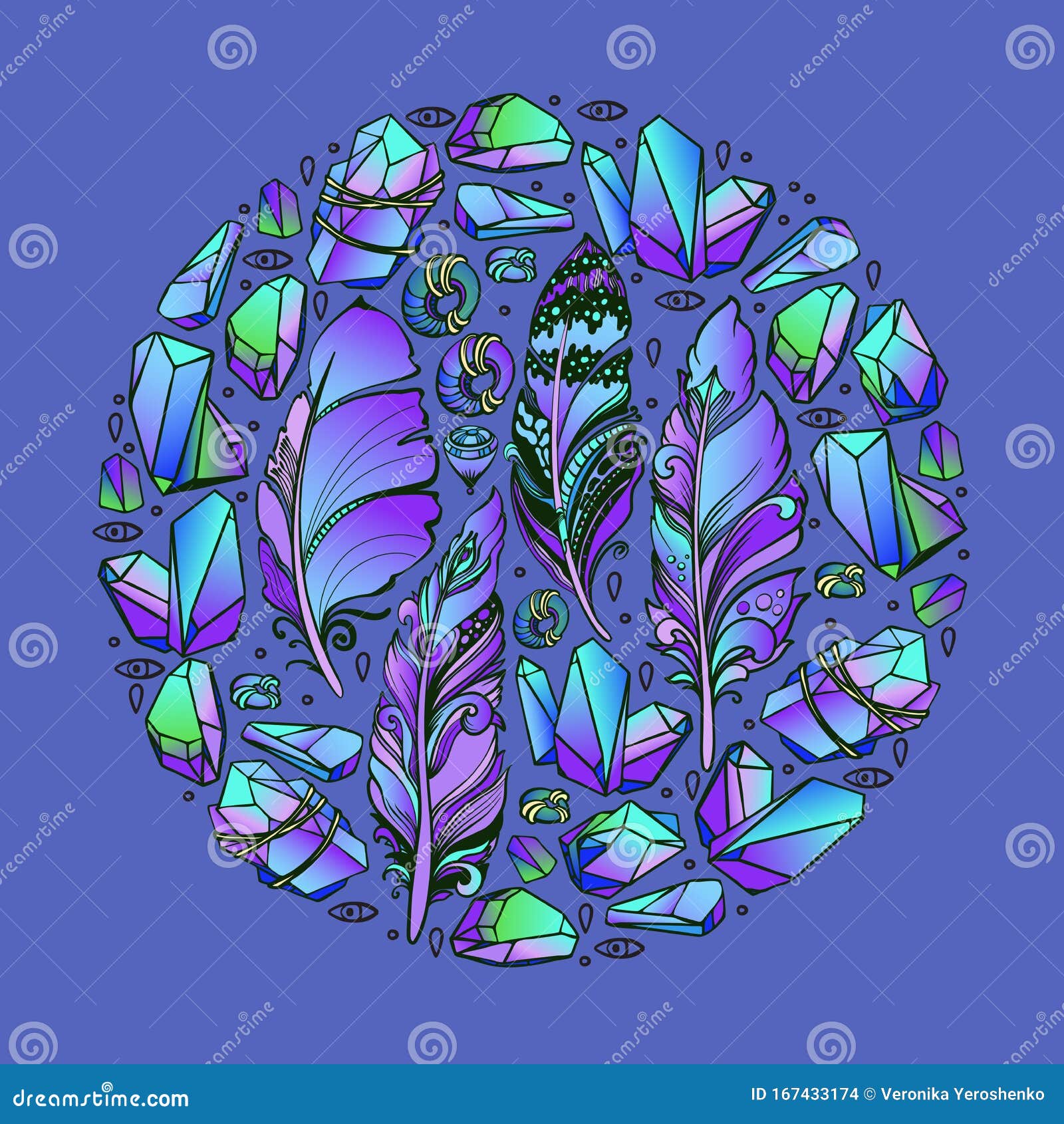 Feathers and Crystals Gems. Beautiful Hand Drawn Vector Illustration ...