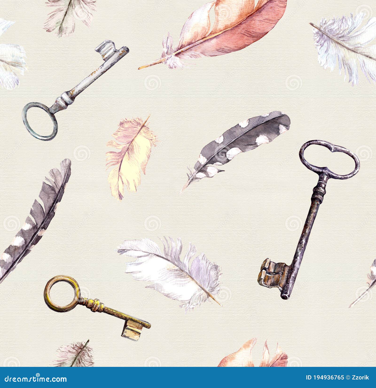 Feathers, Keys on Paper Texture Pattern. Watercolor Seamless Pattern ...