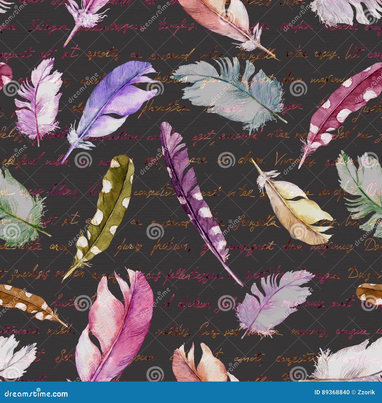 Feathers, Vintage Hand Written Letter. Watercolor Seamless Pattern ...