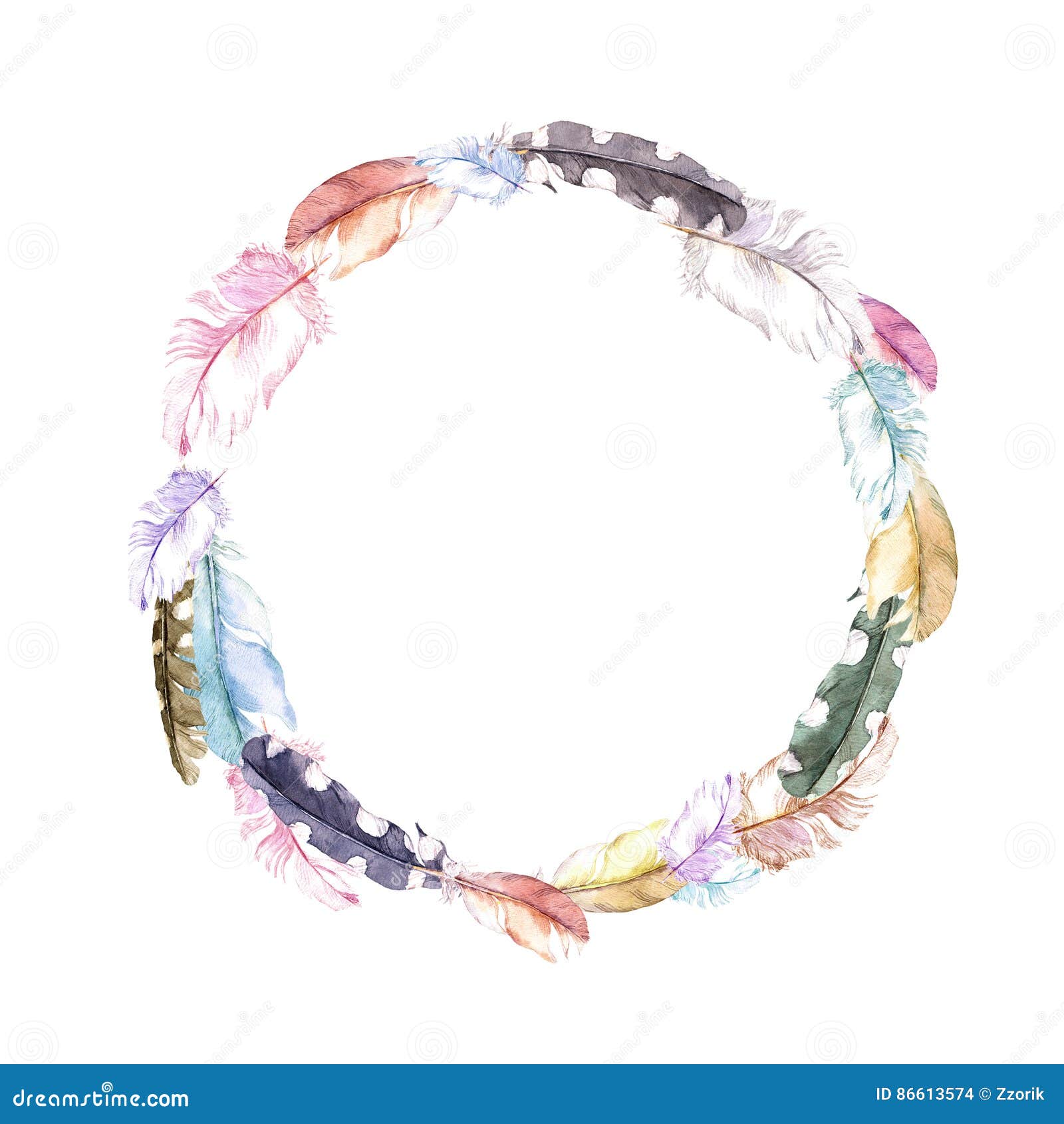 Feathers. Vintage Wreath Border, Boho Style. Watercolor Stock Photo ...