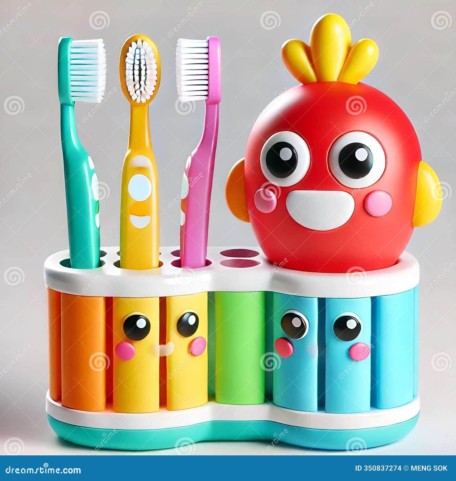 Features a Red, Chicken-like Character Alongside Bright Toothbrushes ...