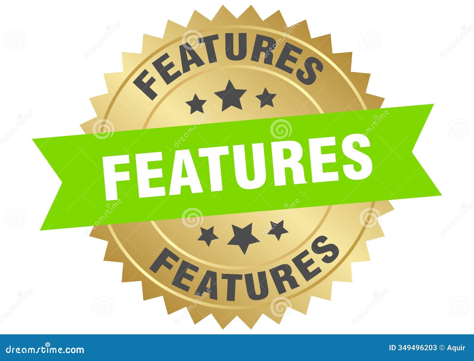 Features. Features Round Green and Gold Label Isolated on Transparent ...
