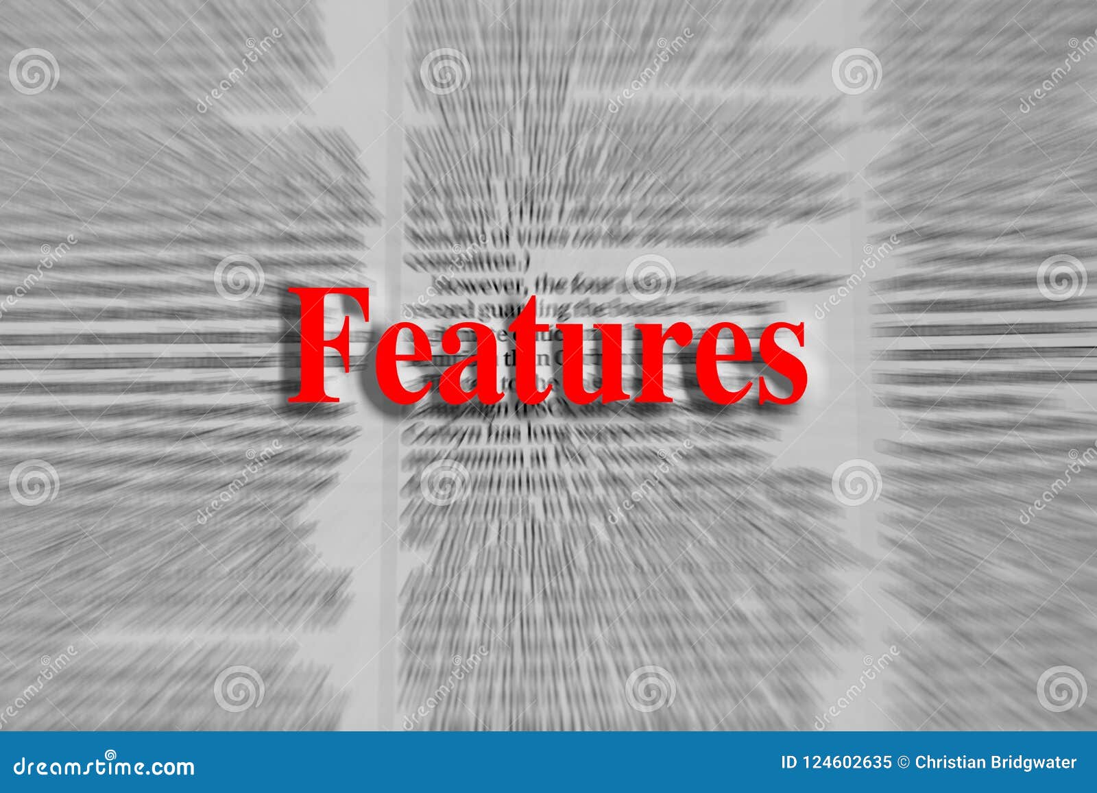 Features Written in Red with a Newspaper Article Blurred Stock Image ...