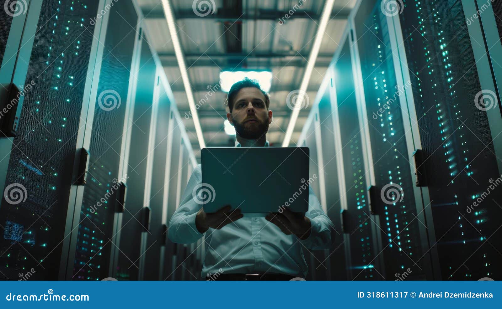 Featuring a Data Center Engineer Using a Laptop Computer. an Adult Male ...