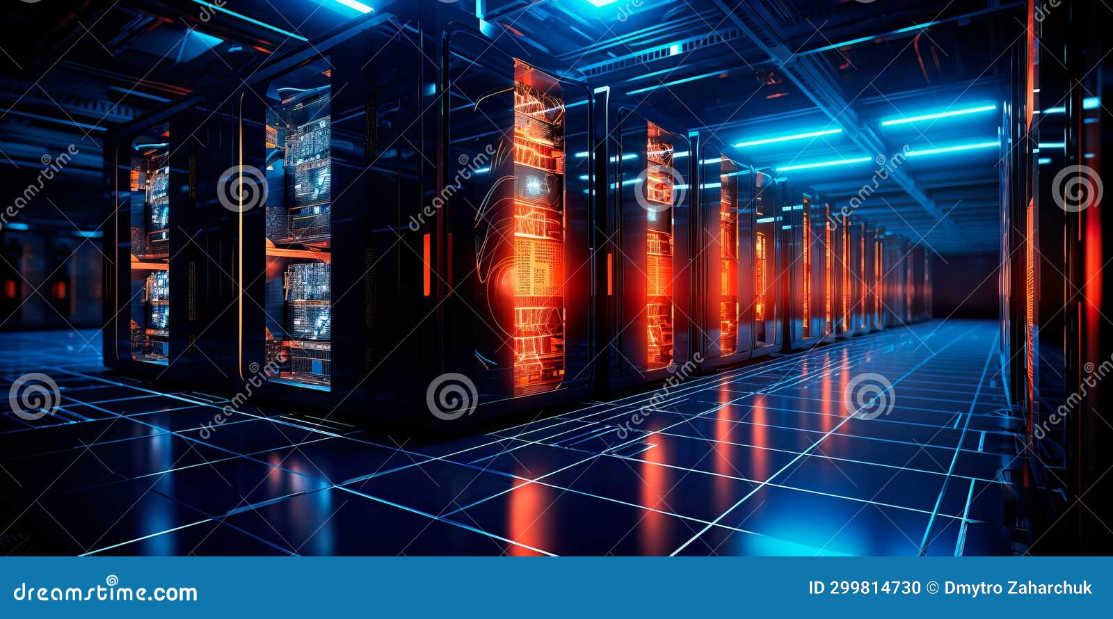 Featuring the Interior of a High-tech Data Center, with Rows of Servers ...