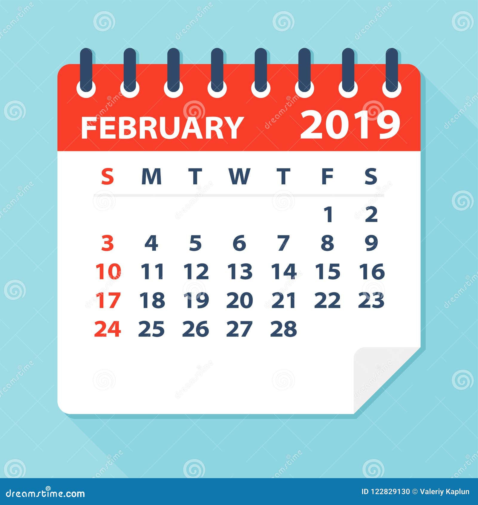 Februar 2019 Kalender-Blatt - Vektor-Illustration Stock Abbildung ...