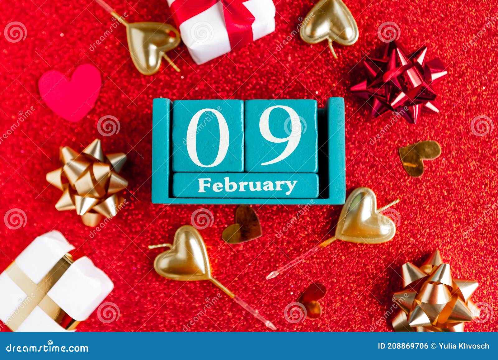 February 9. Blue Cube Calendar with Month and Date Stock Photo - Image ...