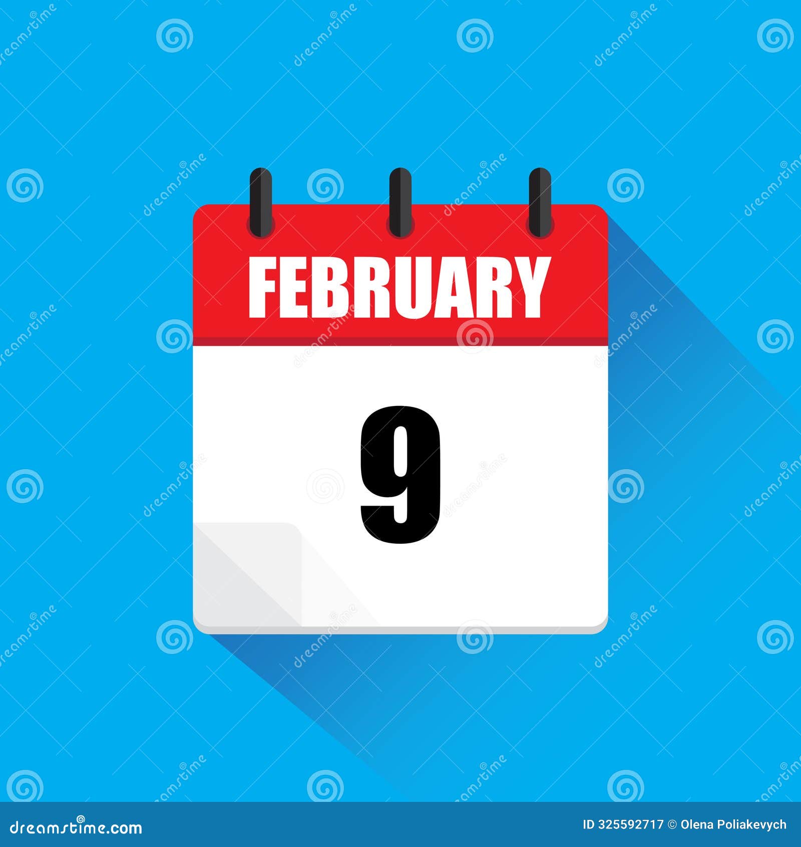 February Calendar Icon. Date 9 Vector. Date Nine. Flat Design Shadow ...
